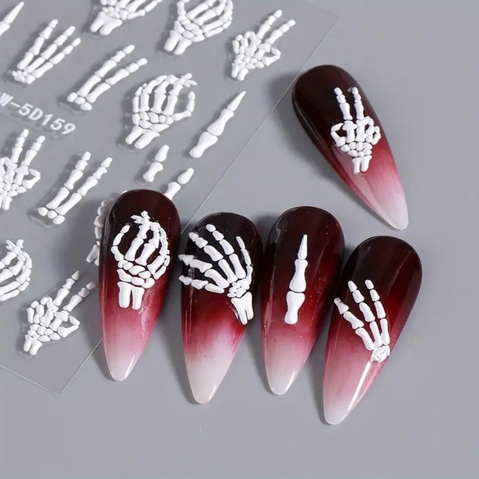 Halloween Nail Art Stickers Decals 5D Embossed Skeleton Nail Decals | eBay