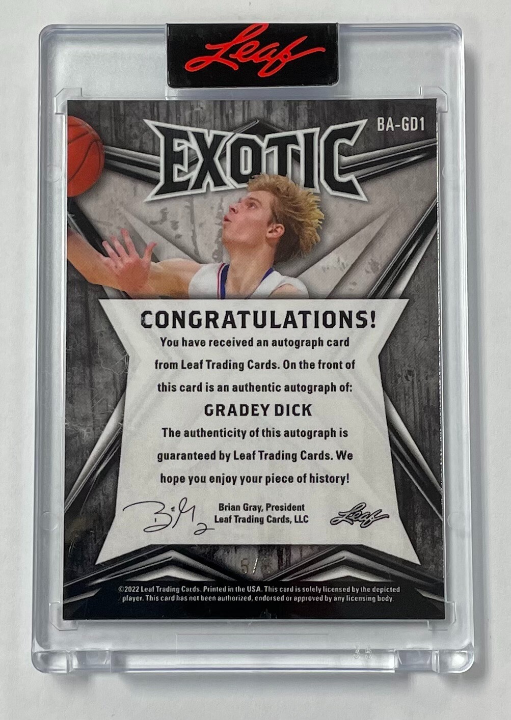 Gradey Dick 2022 Leaf Exotic Basketball No.BA-GD1 5/5 Autograph Rookie ...