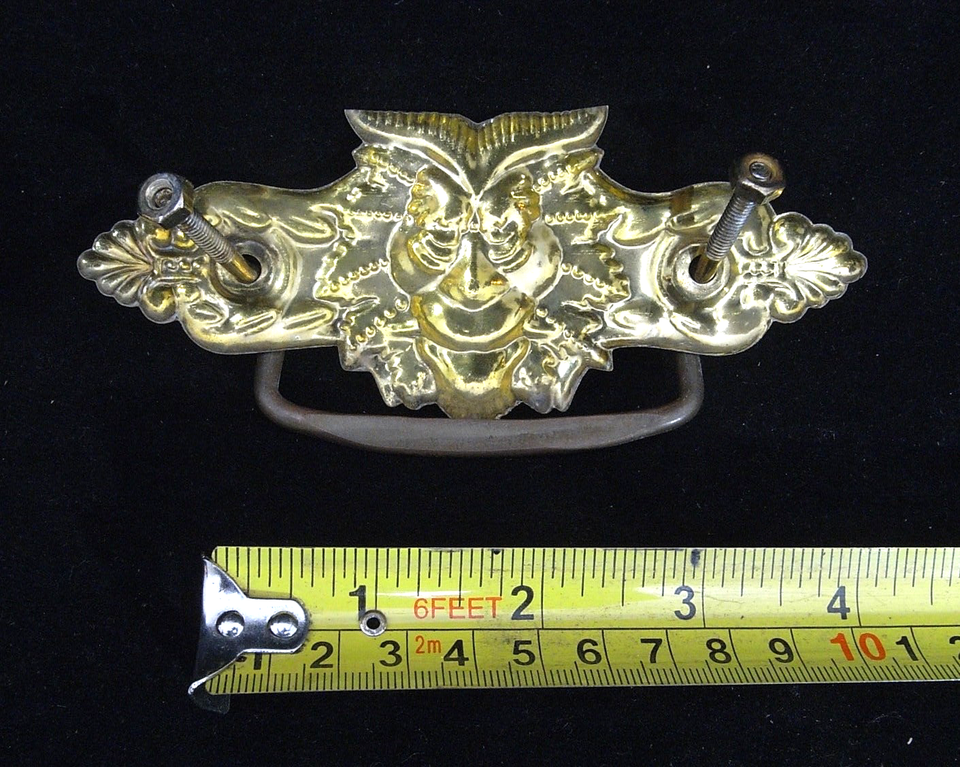6 VINTAGE VICTORIAN BRASS SATYR DRAWER PULLS GOOD CONDITION +MOUNTING ...