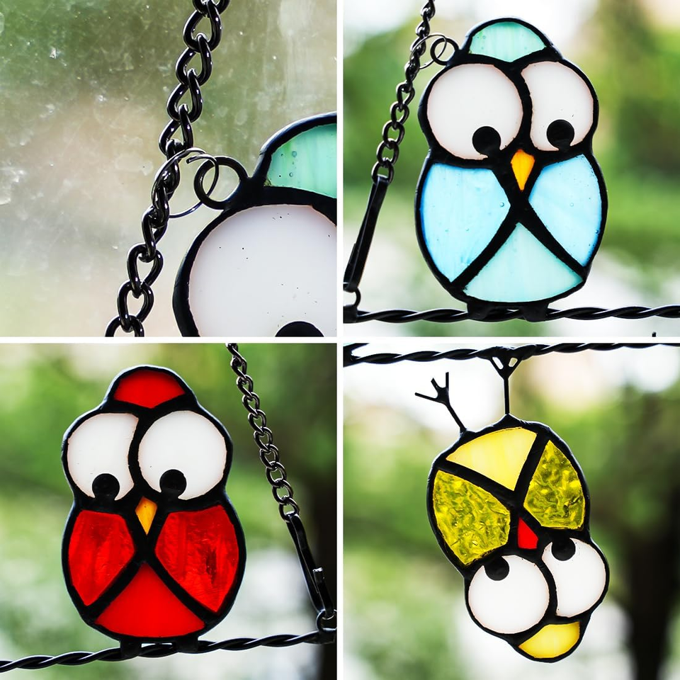Owls Decor Stained Glass Suncatcher,Multicolor Owl Stained Glass Window ...