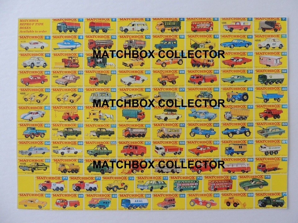 3 X Matchbox Lesney Poster repro Type D-F-G Series models 1-75+ | eBay