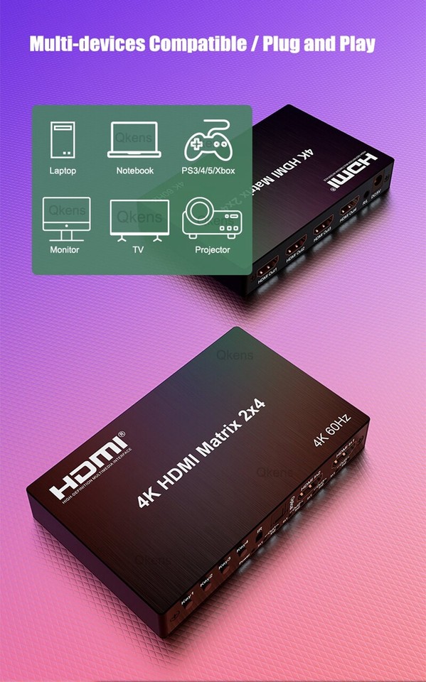 4K 60hz HDMI Matrix 2x4 2 In 4 Out Switch Splitter PC TV Audio Video ...