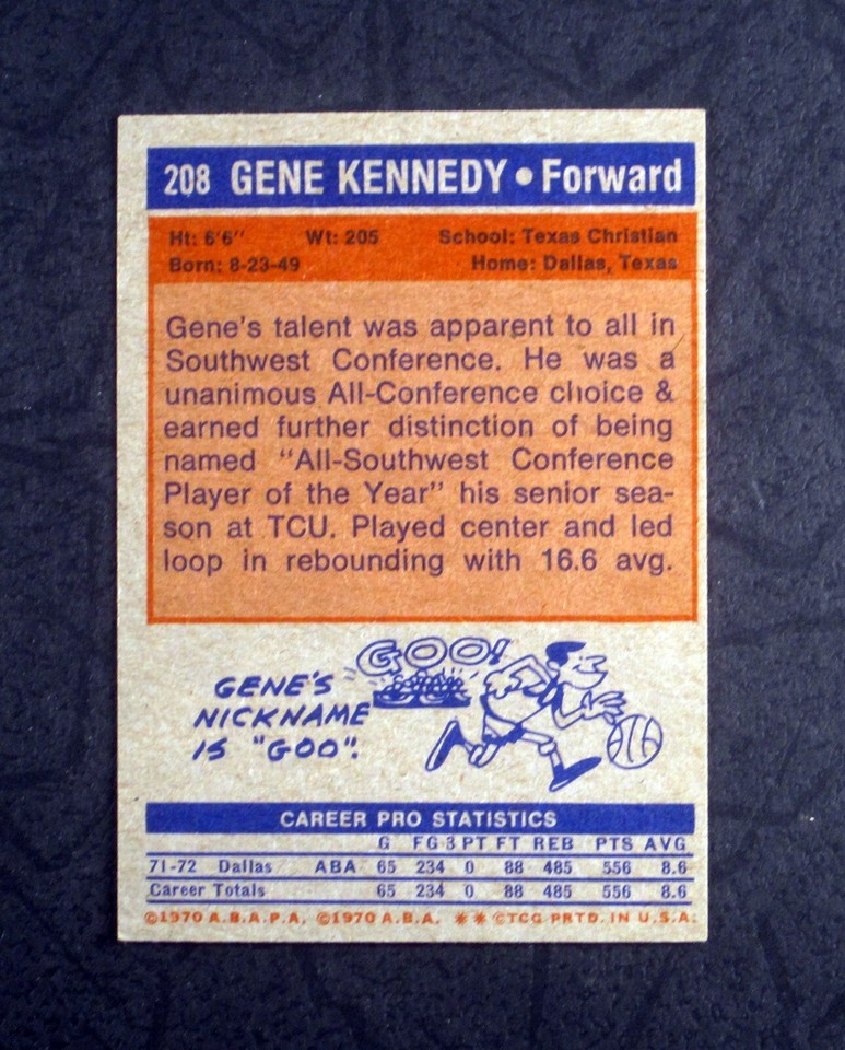 1972 TOPPS SET BREAK Gene Kennedy #208 Dallas Chaparrals EX-MT | eBay