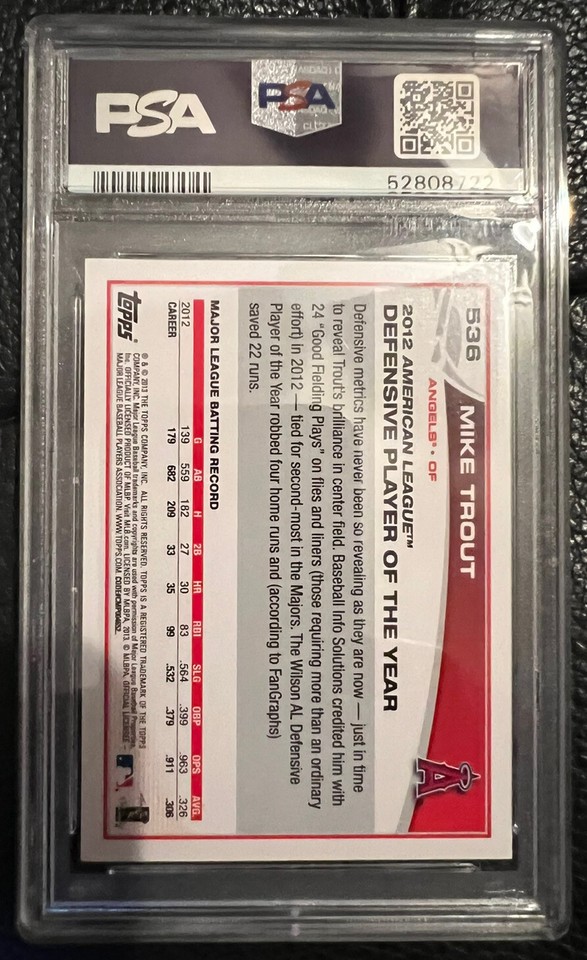 MIKE TROUT 2013 TOPPS Baseball #536 PSA 9 MINT '2012 AL Defensive POY ...