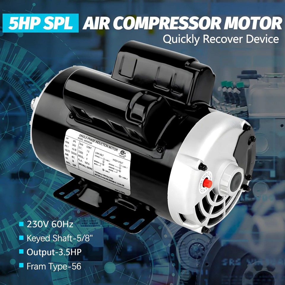 5 HP SPL 3450 RPM Air Compressor 230V Electric Motor 60Hz 56Frame CCW ...