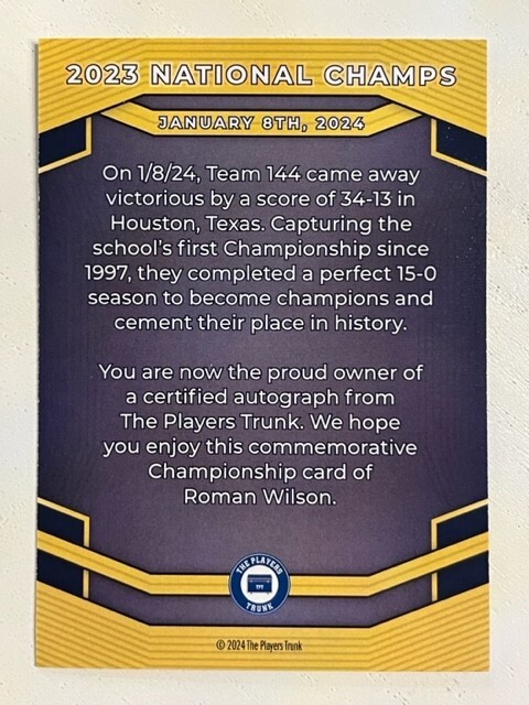 ROMAN WILSON Players Trunk Michigan 2023 National Champions AUTO ...