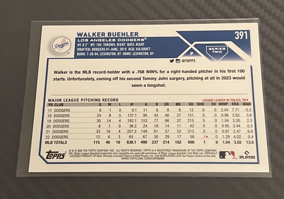 2023 Topps Gold Foil #391 Walker Buehler Los Angeles Dodgers | eBay