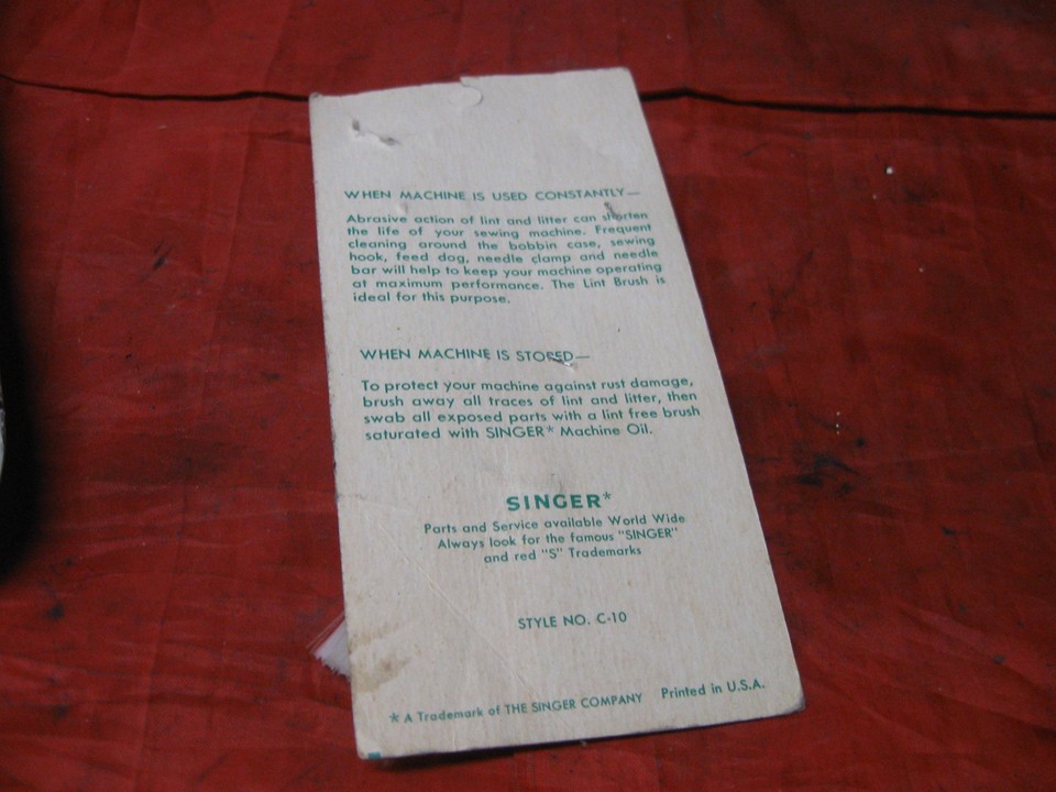 Singer Sewing Machine NOS NEW OLD STOCK LINT BRUSH C-10 ON CARD VINTAGE ...