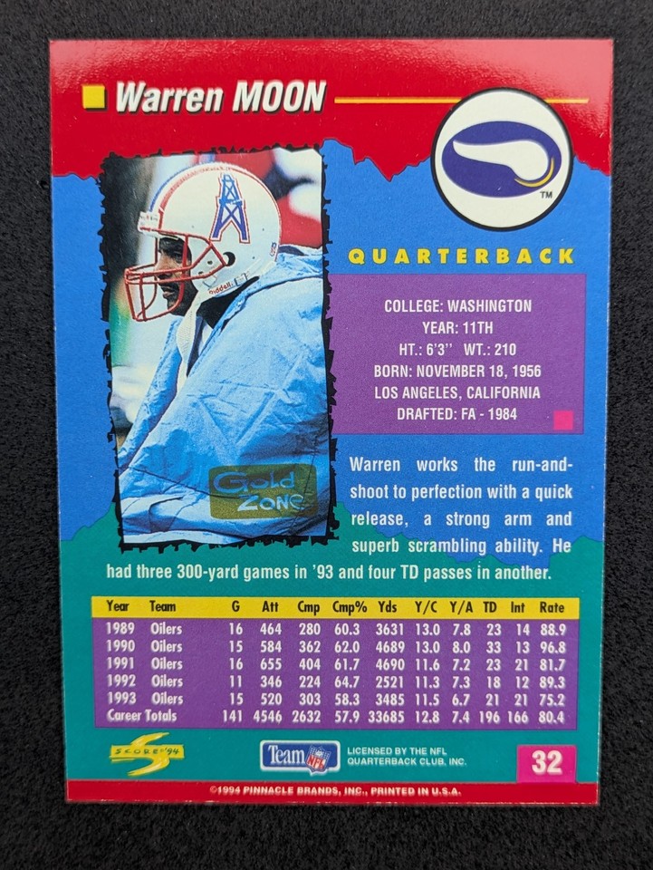 1994 Score #32 Warren Moon Gold Zone Minnesota Vikings Card | eBay