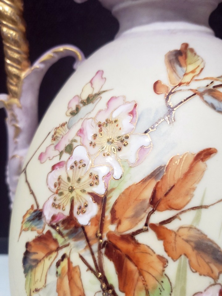 EARLY ANTIQUE LARGE ROYAL WORCESTER VASE HAND PAINTED BRAIDED HANDLES ...