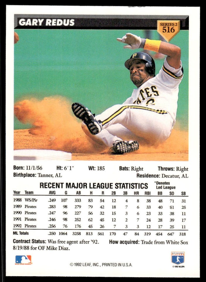 1993 Donruss 516 Gary Redus Pittsburgh Pirates Baseball Card | eBay