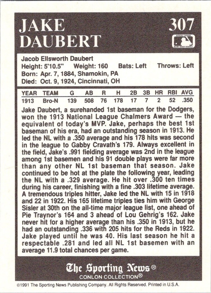 Jake Daubert #307 1991 Conlon Collection TSN | eBay