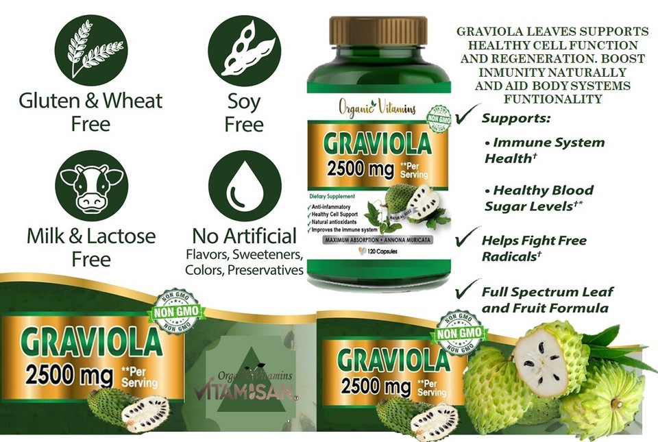 Graviola Capsules 2500mg 120 Pure Natural Soursop Capsules Leaves fruit ...