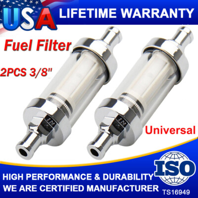 2PACK UNIVERSAL CHROME & GLASS FUEL FILTER 3/8" IN/OUT FOR CHEVY FORD ...