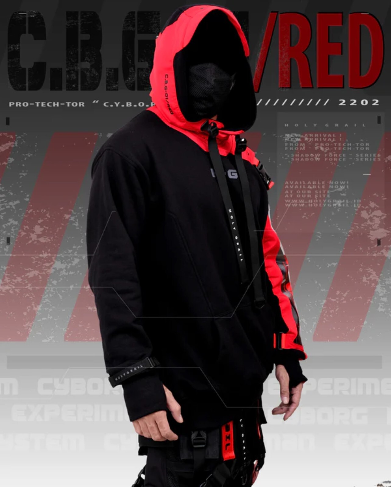 Men's Techwear Red Jacket Rugged fleece Pullover Hoodie Holygrail C.B.G ...