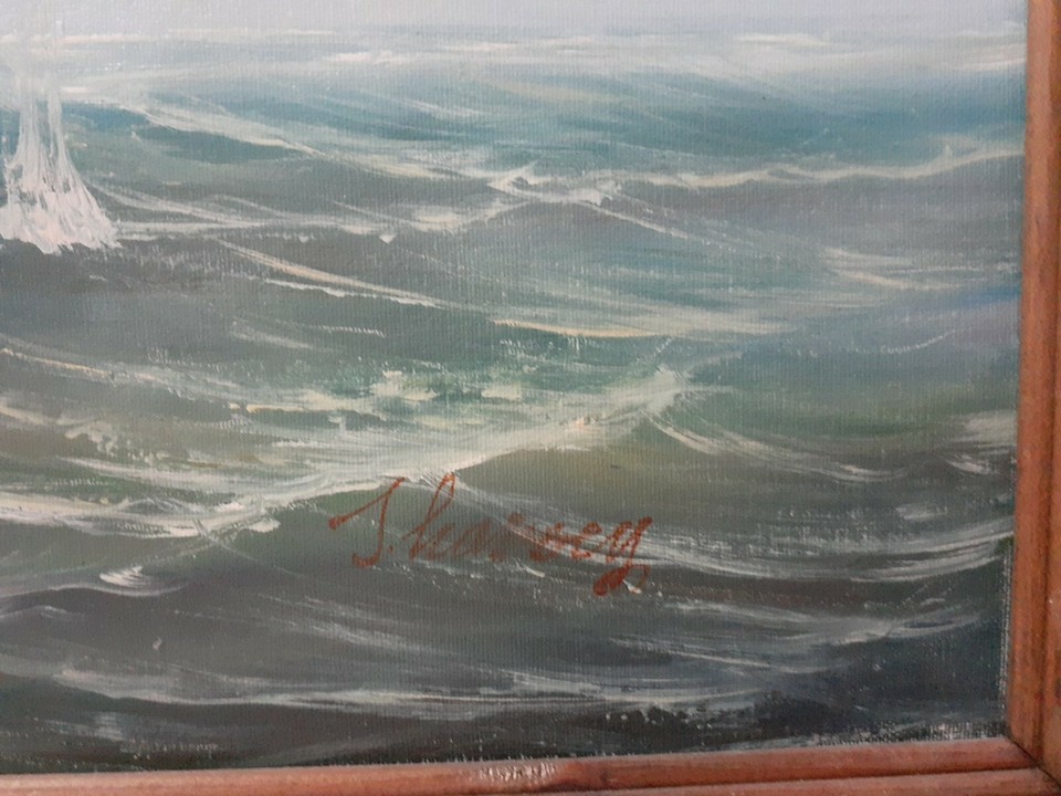 J. Harvey Signed Oil on Canvas Framed 36" x 24"Maritime Battle Doomed ...