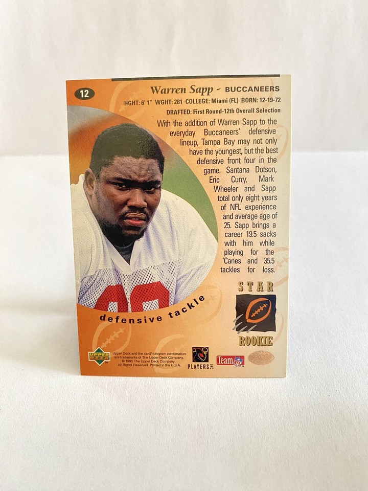 Warren Sapp 1995 Upper Deck Tampa Bay Buccaneers Rookie RC Card #12 | eBay
