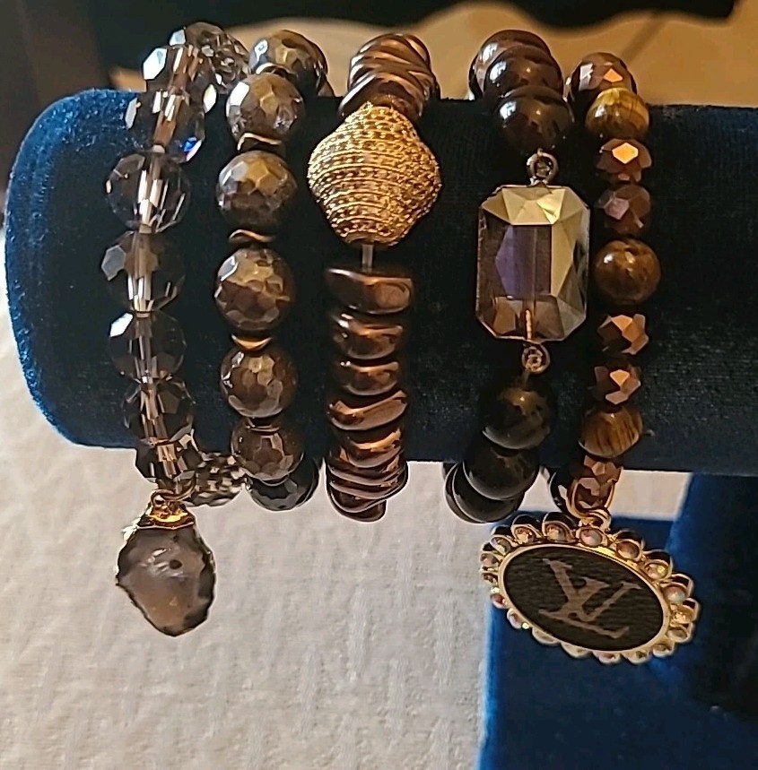 Druzy Charm Stack Bracelet 5 Piece Set Stretch Jewelry- Bronze Colors ...