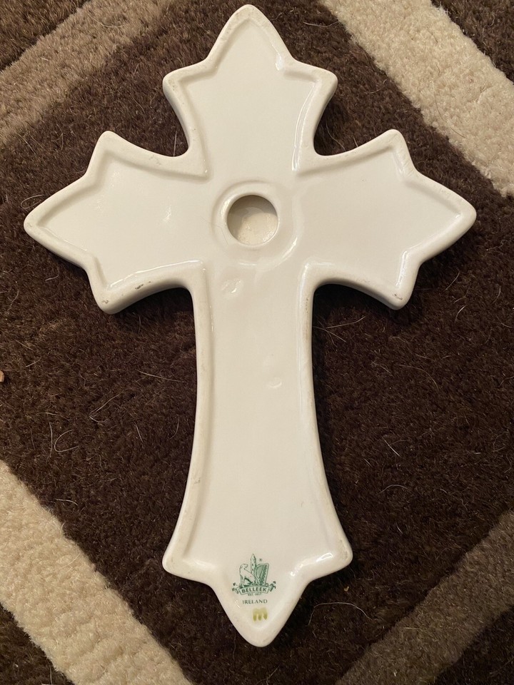 ☘️ Signed Belleek Parian COMMUNION (Boy) Celtic CROSS w/Shamrocks, 6"W ...