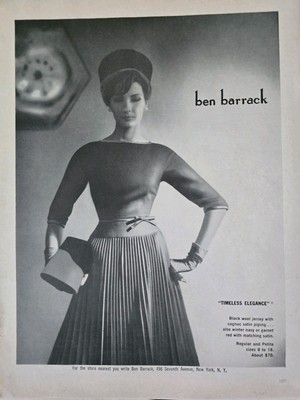1961 Women's Ben Barrack Black wool jersey pleated dress Vintage ...
