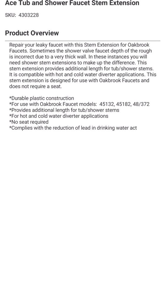 Oakbrook Tub and Shower Faucet Stem Extension 45132 - 45182 - 48/372 | eBay