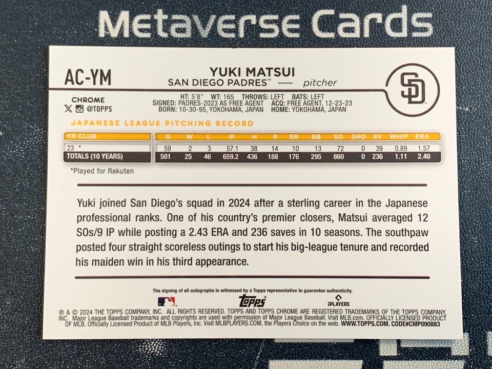 2024 Topps Chrome Update Yuki Matsui RC Rookie Aqua Wave Refractor Auto ...