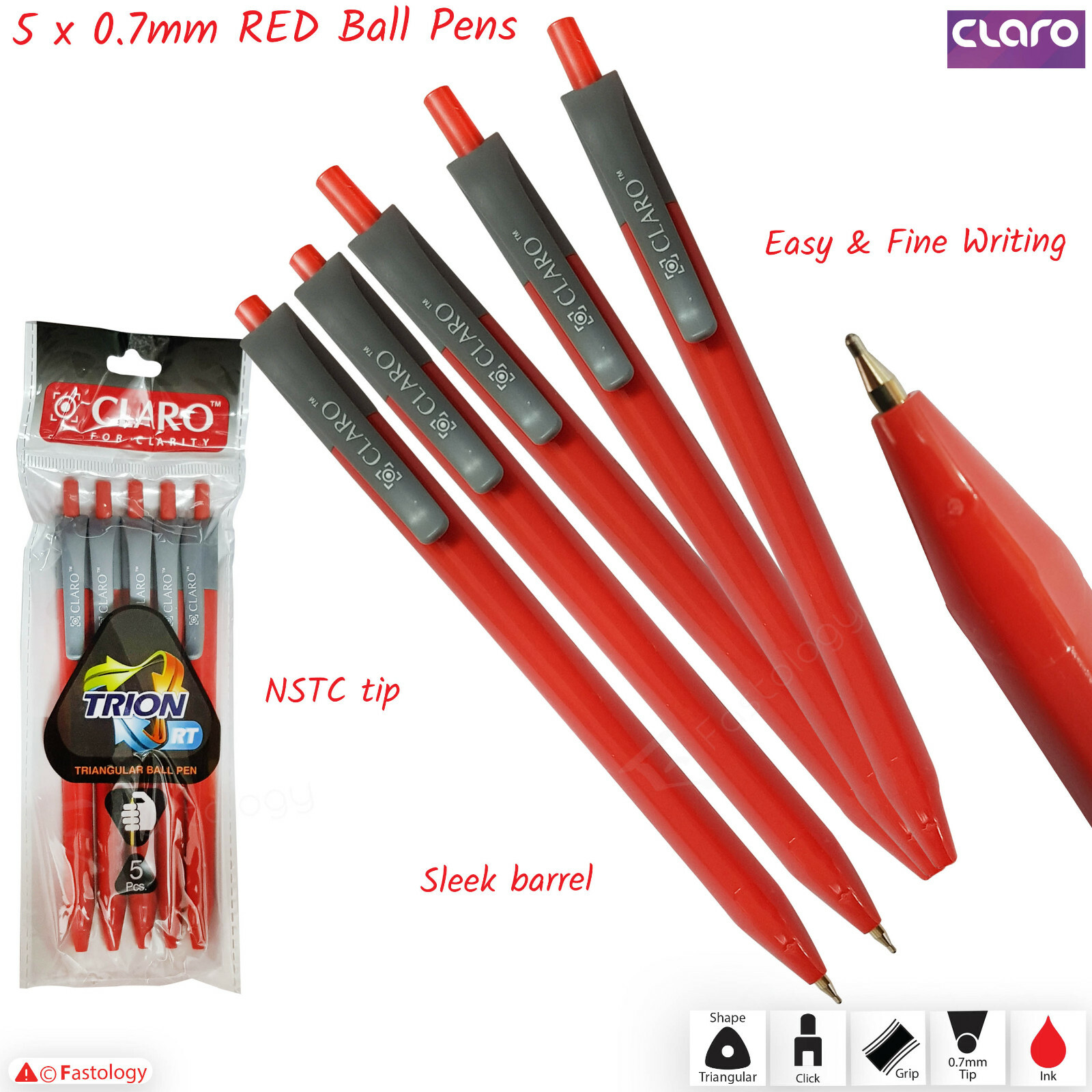 RED Ballpoint Pens CLARO Trion-RT Retractable 0.7mm Fine Point Smooth ...
