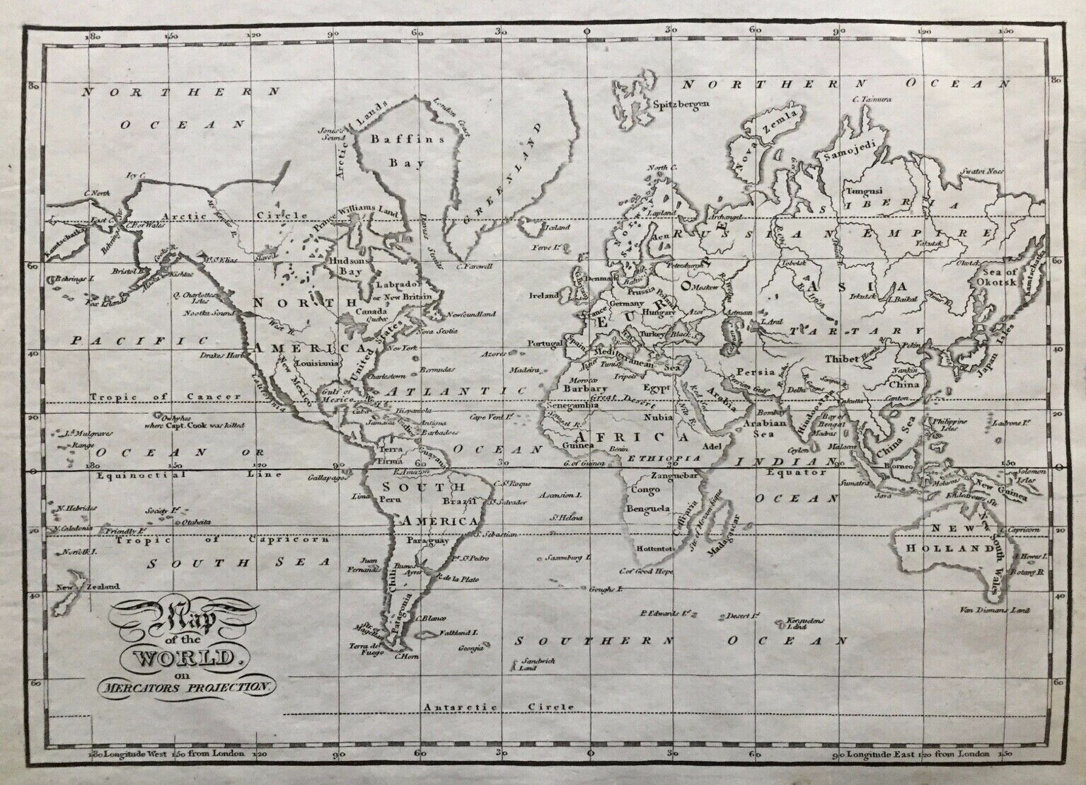1802 Antique Map; The World on Mercator's Projection - George Kearsley ...