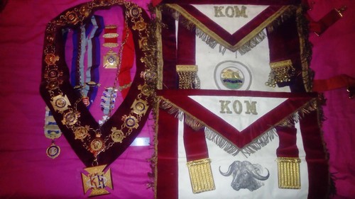 Vintage RAOB GMB KOM regalia: collar, aprons, sash, collarettes, 6 ...