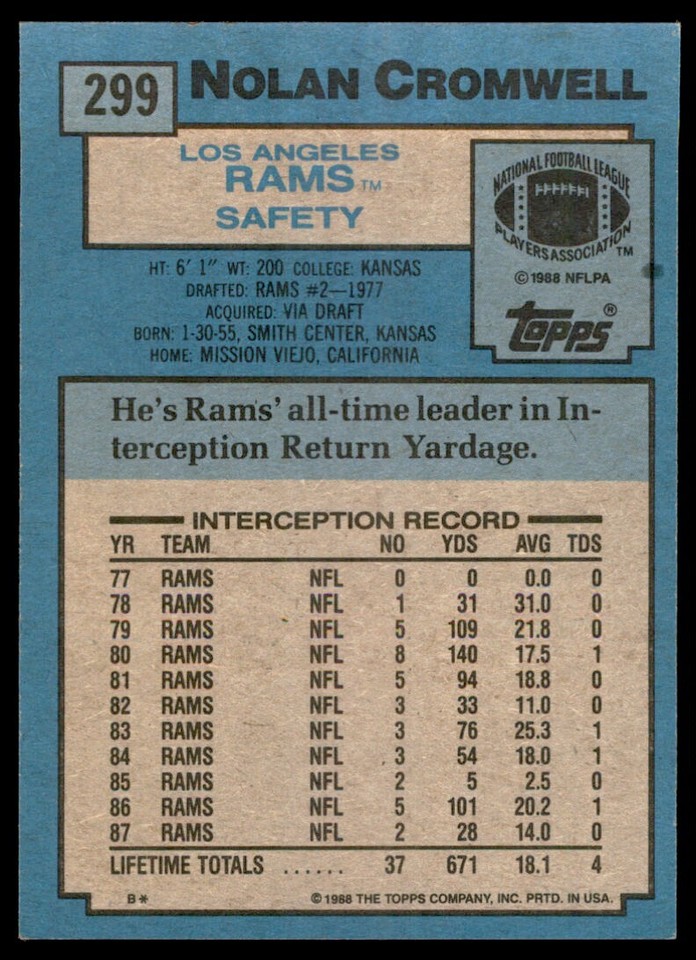 1988 Topps Nolan Cromwell . Los Angeles Rams #299 | eBay
