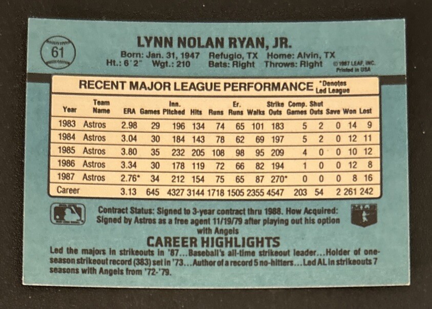 1988 Donruss Nolan Ryan Baseball Card #61 Astros HOF Pitcher FR/GD O/C ...