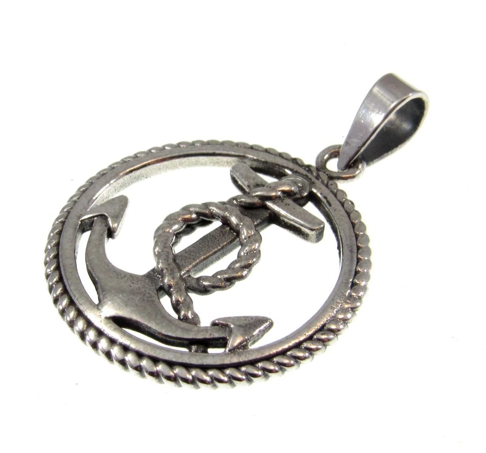Solid 925 Sterling Silver Round Boat Anchor And Rope Pendant ...