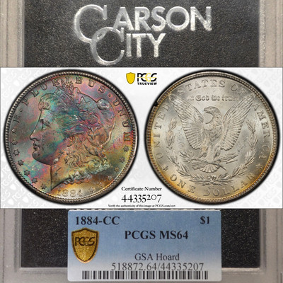 1884-CC $1 Morgan Silver Dollar GSA PCGS MS64 - Gorgeous Rainbow Toning ...
