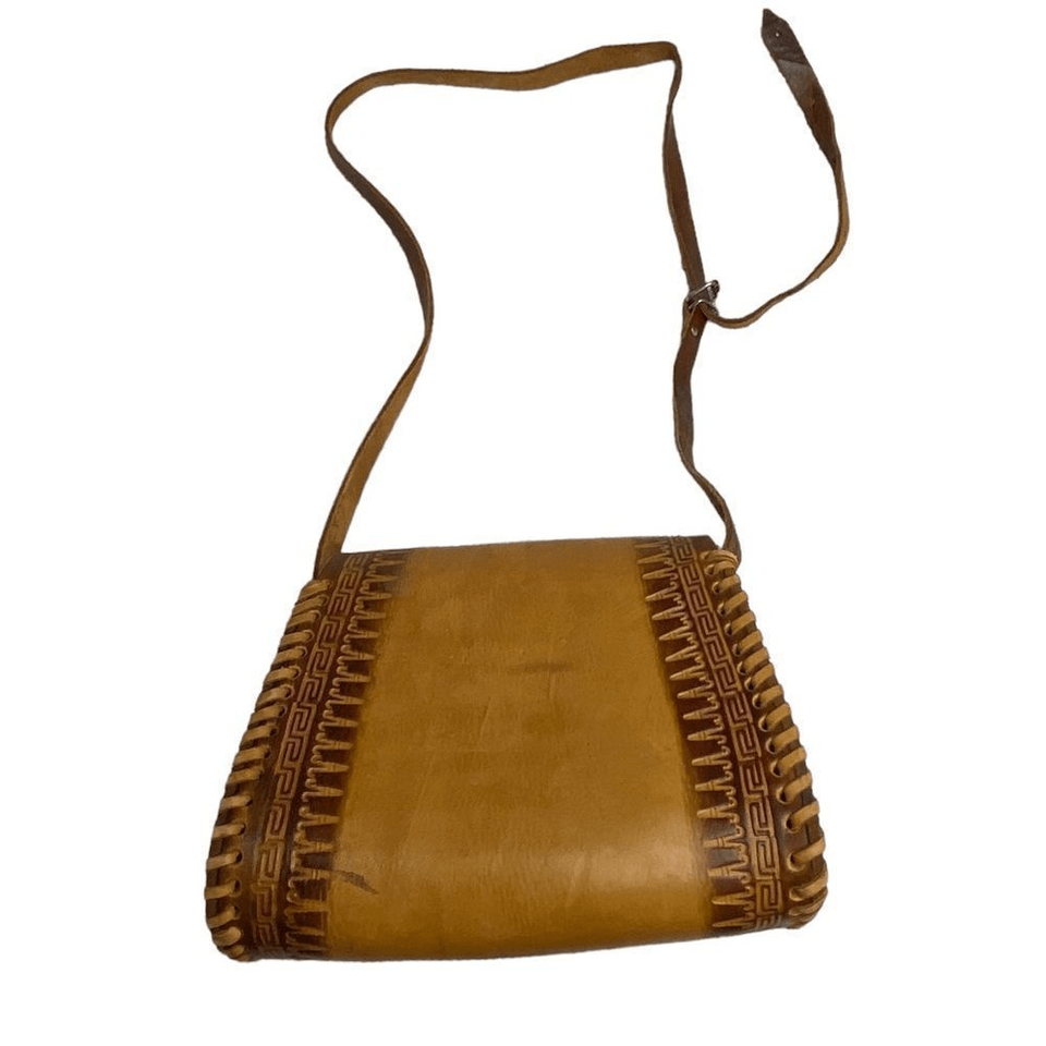Aztec Tooled Leather Brown Buckle Closure Whip Stitch Crossbody Saddle ...