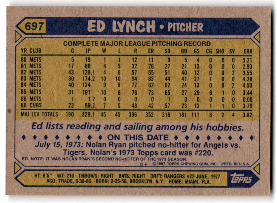 1987 Topps Ed Lynch #697 Chicago Cubs | eBay
