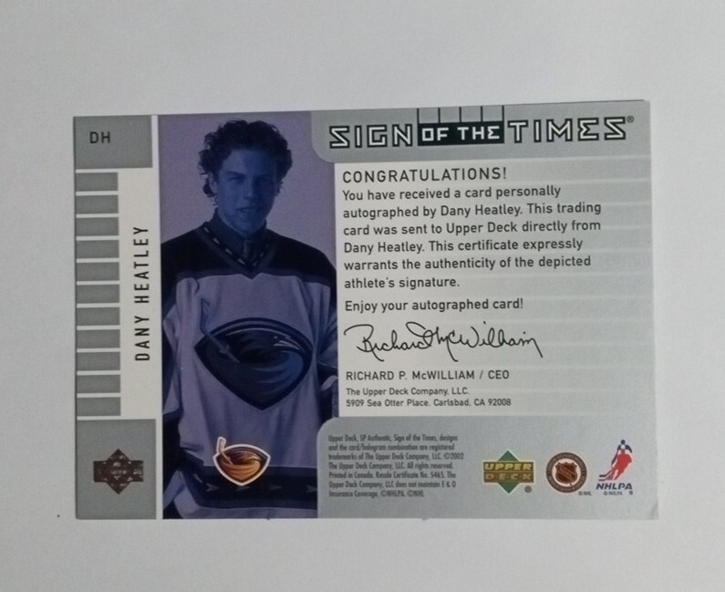 2001-02 Upper Deck UD Dany Heatley Sign Of The Times DH Auto SP ...