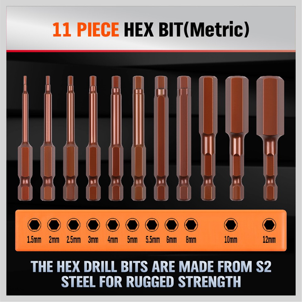 23pc Hex Bit Set Hex Head Allen Wrench Drill Bit S2 Imperial & Metric ...