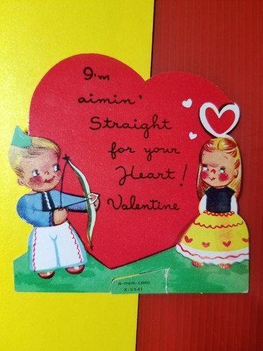 VINTAGE 1940-50's VALENTINE CARD - BOY w BOW and ARROW w GIRL AIMIN ...
