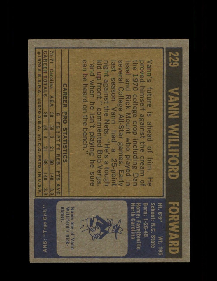 1971 VANN WILLIFORD TOPPS #229 COUGARS *7866 | eBay