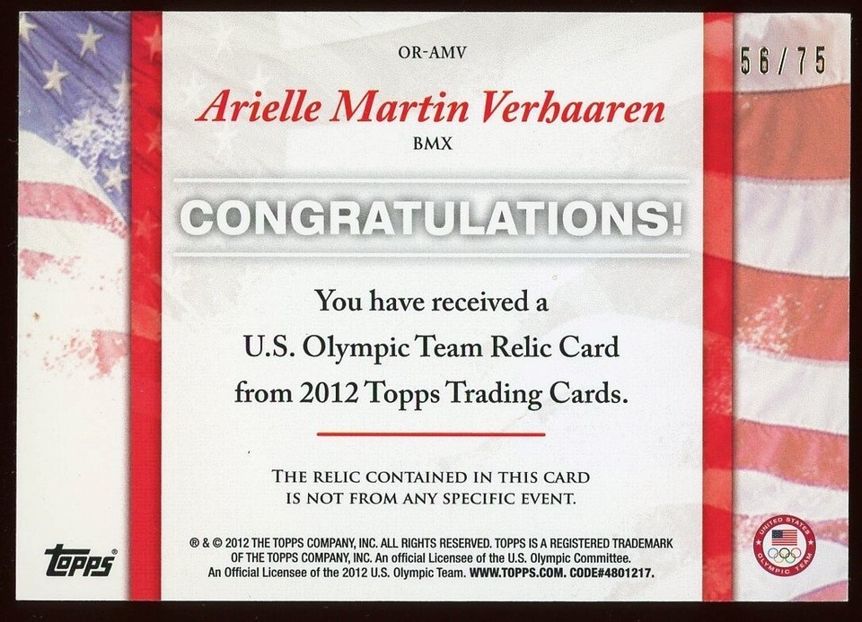 2012 Topps US Olympic Team Relic Card #OR-AMV Arielle Martin Verhaaren ...
