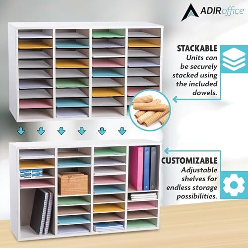 AdirOffice Wood Adjustable Literature Organizer 36 Compartment White ...