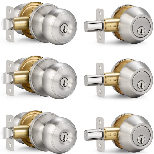 3 Sets Entry Door Knob and Single Cylinder Deadbolt Combo Set, Keyed ...