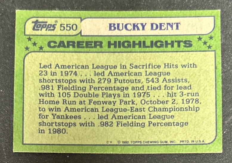 1982 Topps Bucky Dent A.L. All Star Baseball Card #550 Yankees ...