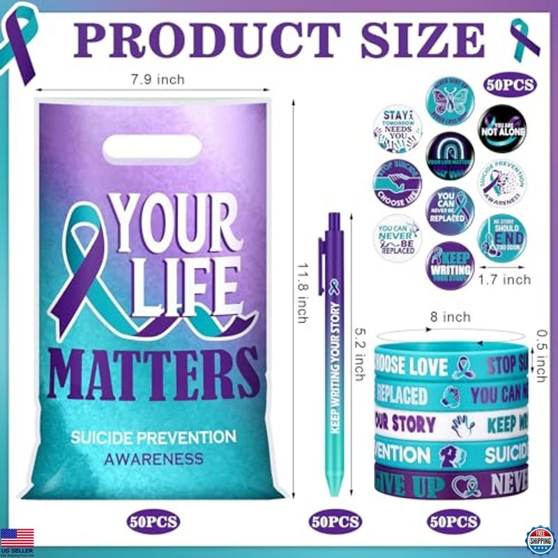 200 Pcs Suicide Prevention Awareness Set - Ribbons, Bags, Wristbands ...