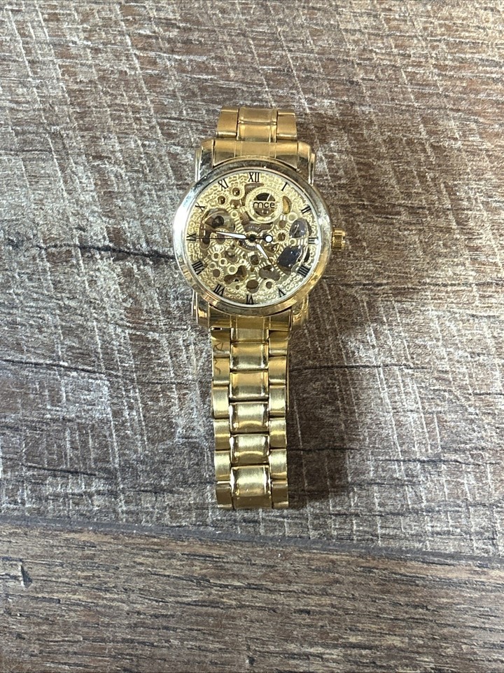 Foksy MCE Men's Skeleton Mechanical Watch Round Gold Tone Metal Band ...