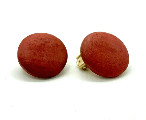 Clip-On Earrings Orange Rust Coloured 20mm Round Wooden Gold Plated New ...