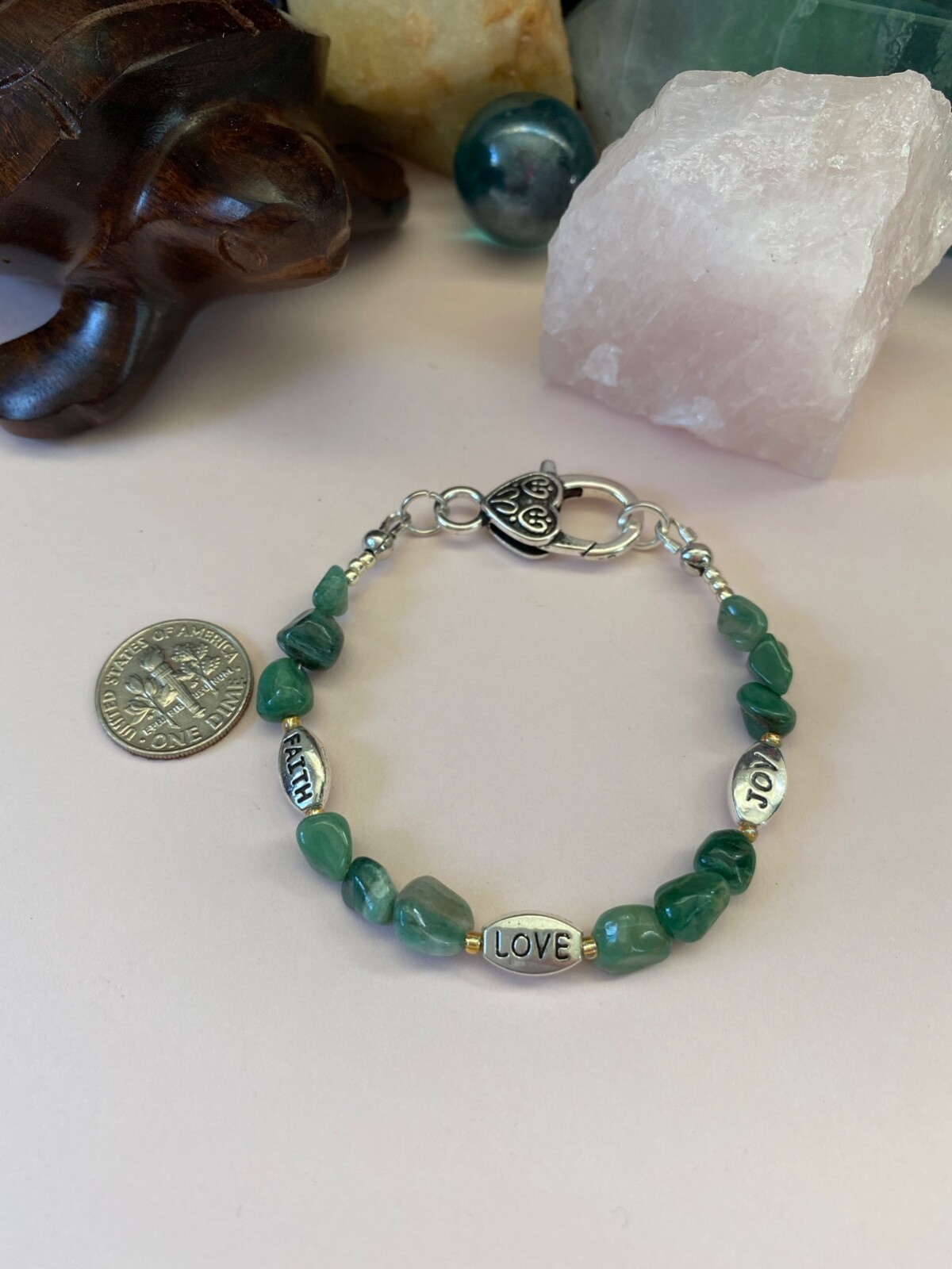 Jade Bracelet w/Charms for Her. LOVE, FAITH, JOY Charms. 7 inches. Gift ...