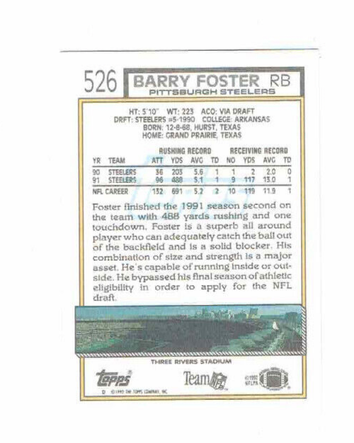 Barry Foster Pittsburgh Steelers RB #526 Topps 1992 Football Card | eBay