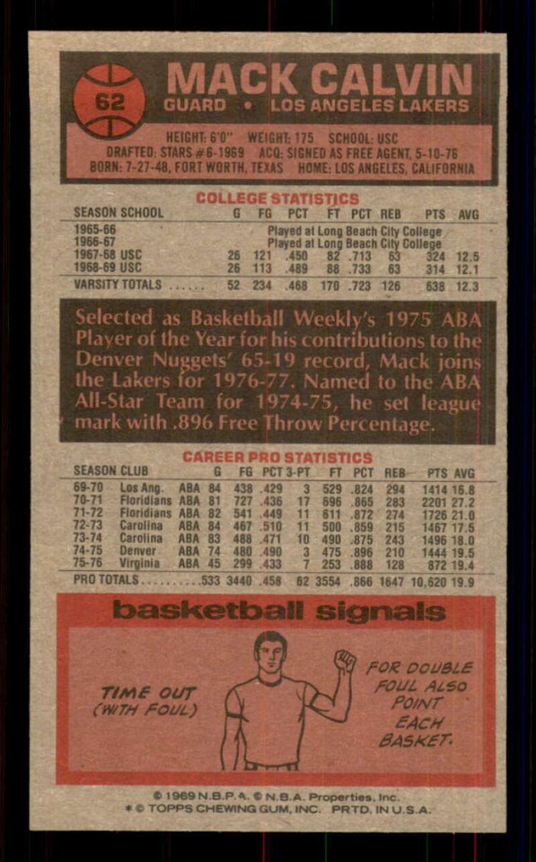 1976-77 Topps #62 Mack Calvin NM/NM+ Lakers 404027 | eBay