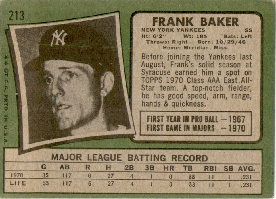 1971 TOPPS FRANK BAKER RC NEW YORK YANKEES #213 VG/EX | eBay